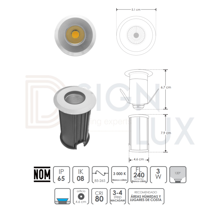 Luminario de piso LED de exterior 3W para empotrar redondo 5.1cm ...