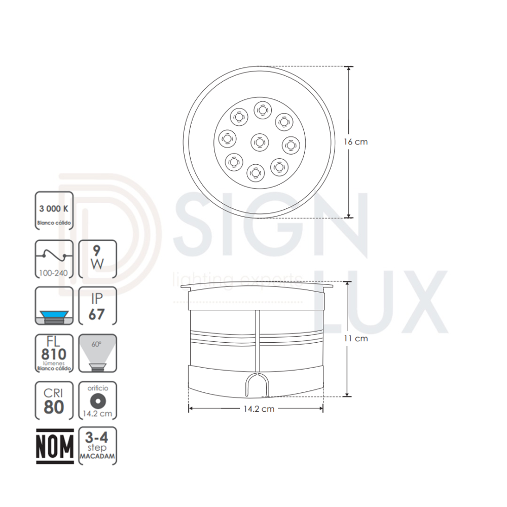 Luminario de piso LED de exterior 9W, para empotrar redondo 16cm ...